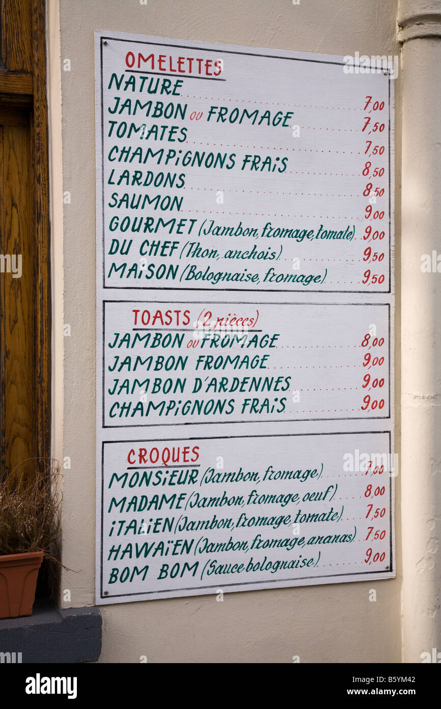 Menu of a restaurant on the Rue de Rollerbeek, Rollerbeekstraat ...