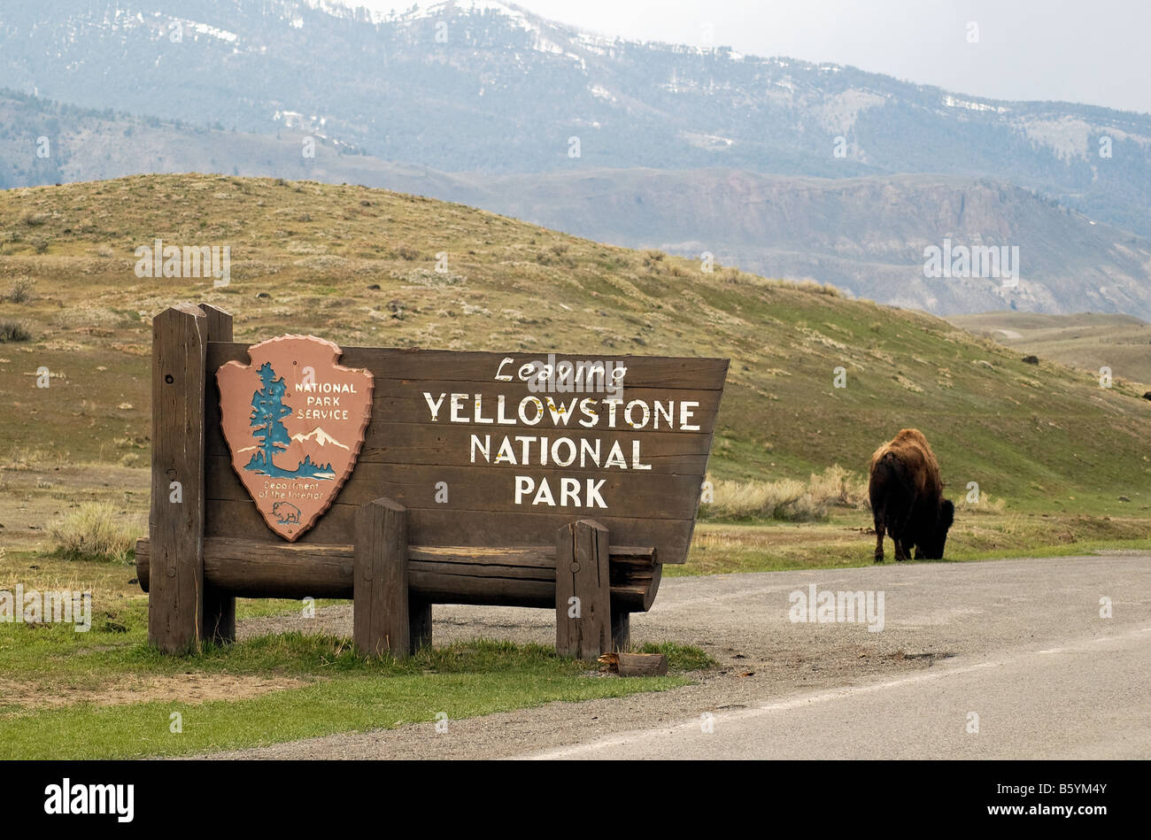 An exit sign, with apparently exiting bison, near the North Entrance to ...