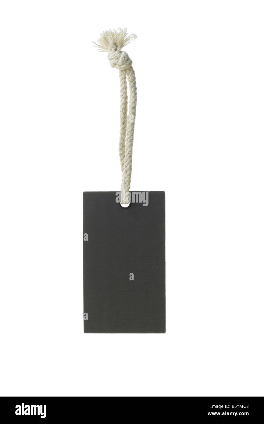 Hanging black blank paper label with string on white background Stock ...