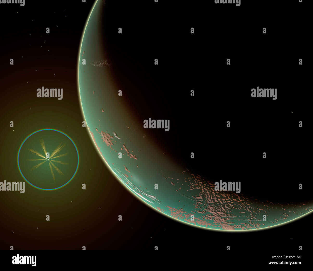 A distant alien world orbiting its sun at the edge of a nebula Stock ...