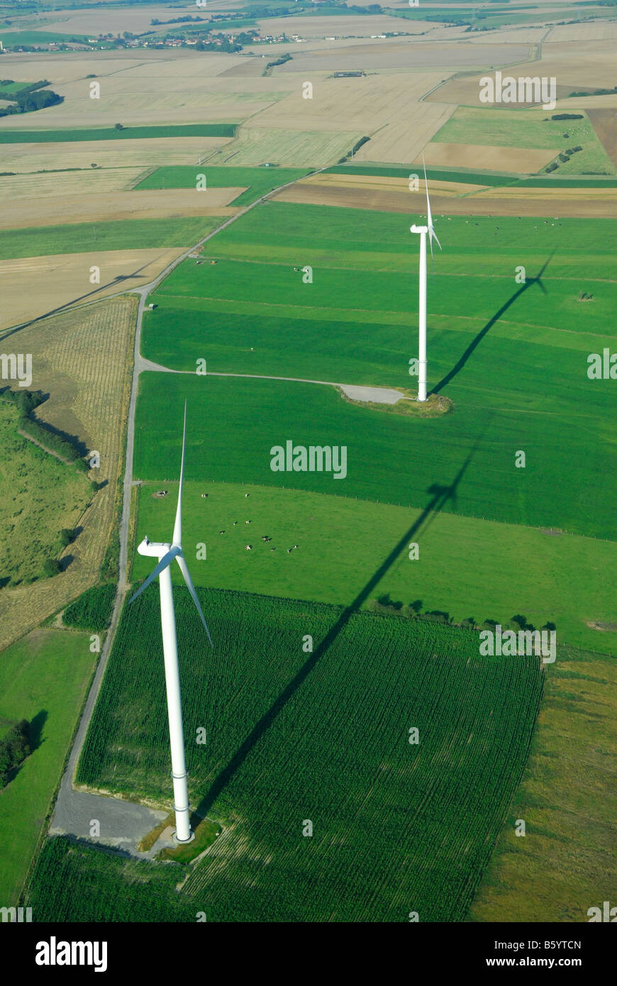 Electricity pylon and wind turbines on a field hi-res stock photography ...