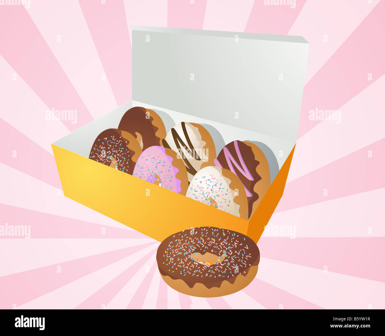 Box of assorted donuts illustration on radial burst Stock Photo - Alamy
