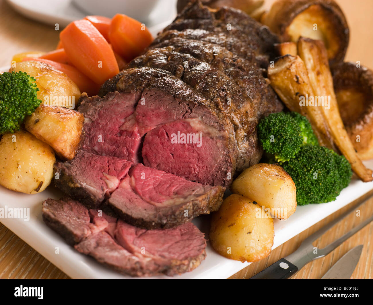 Roast Rib eye of British Beef with all the Trimmings Stock Photo - Alamy
