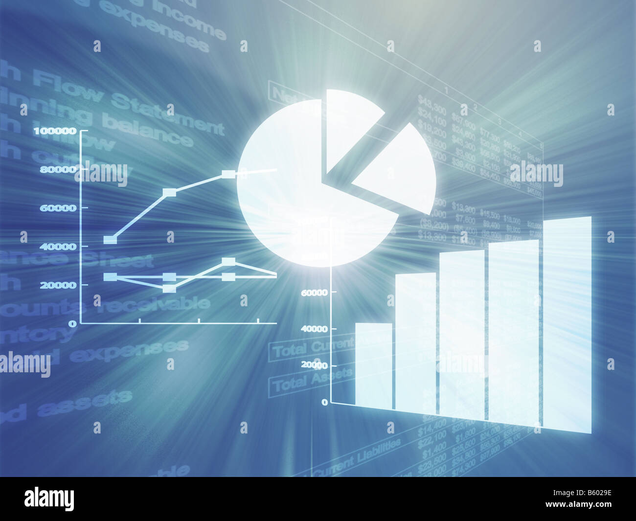 Illustration of Spreadsheet data and business charts in glowing ...