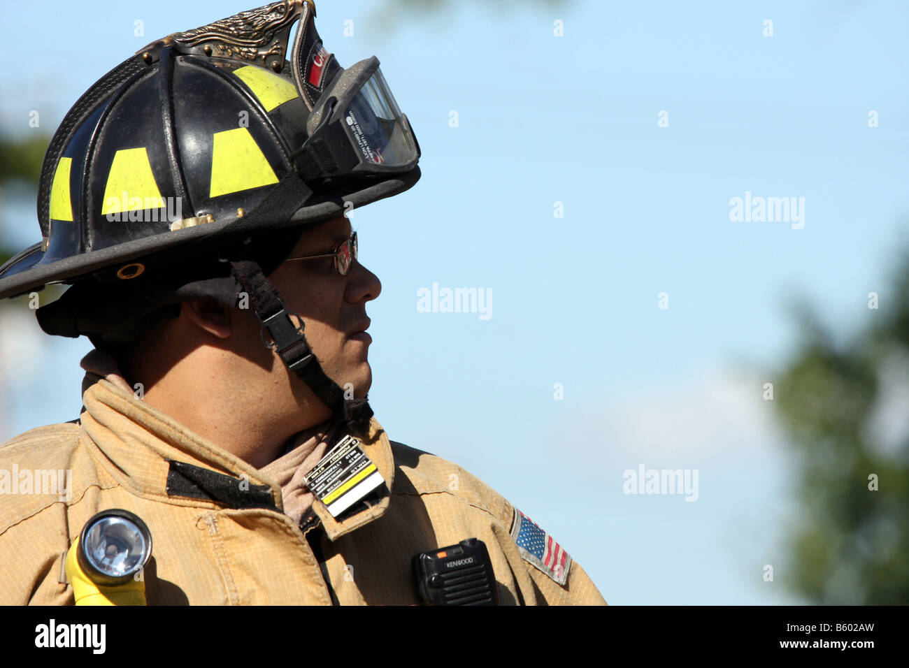 A team leader fire fighter profile with member tags on his uniform to ...