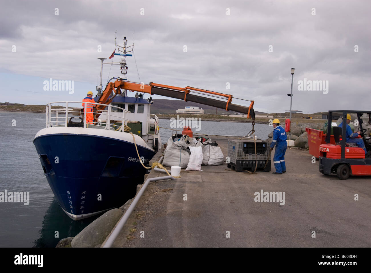 The Good Shepherd IV boat that serves Fair Isle being loaded with cargo ...