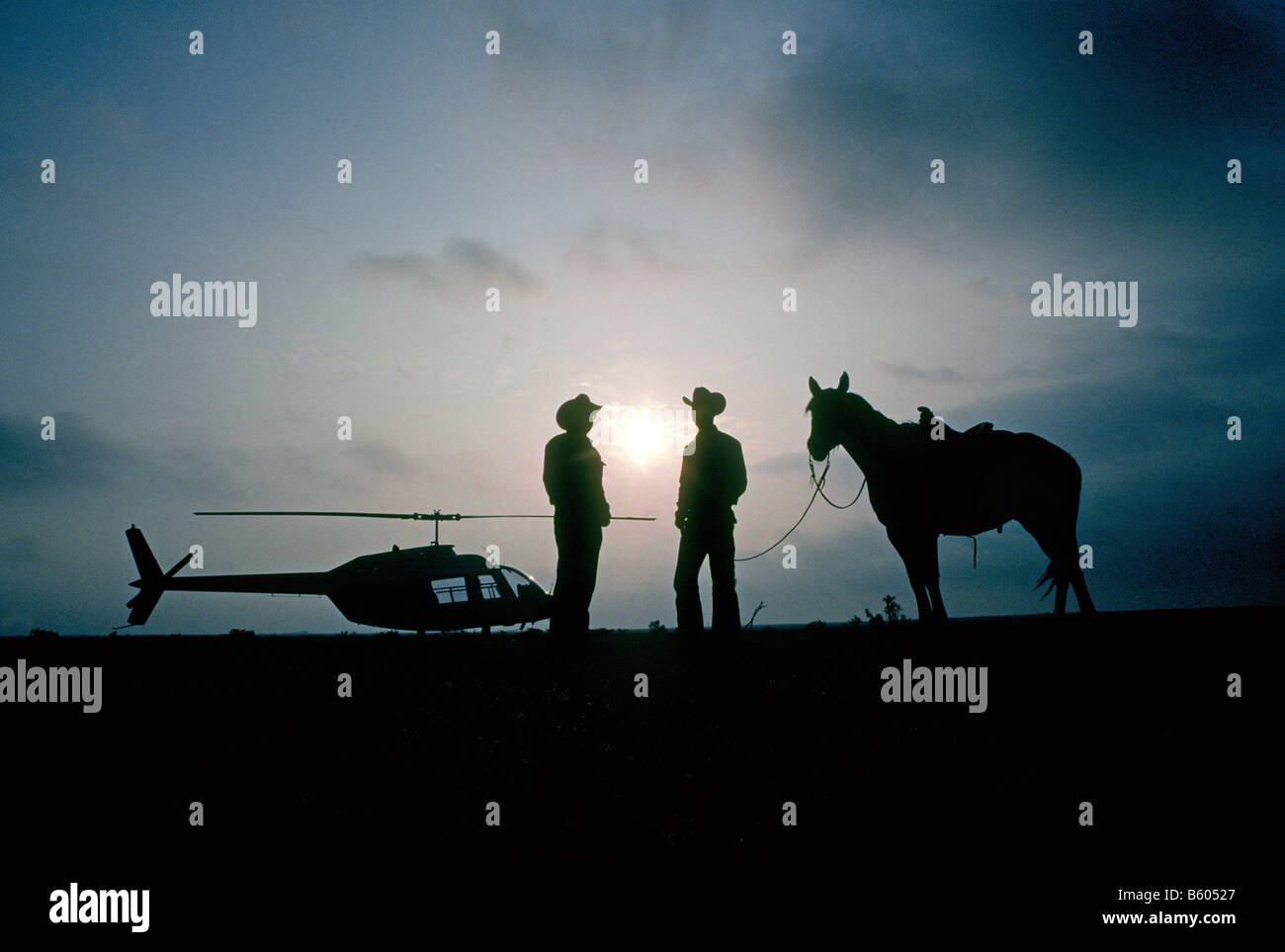 An American cowboy on horseback and a cowboy in a helicopter used to ...