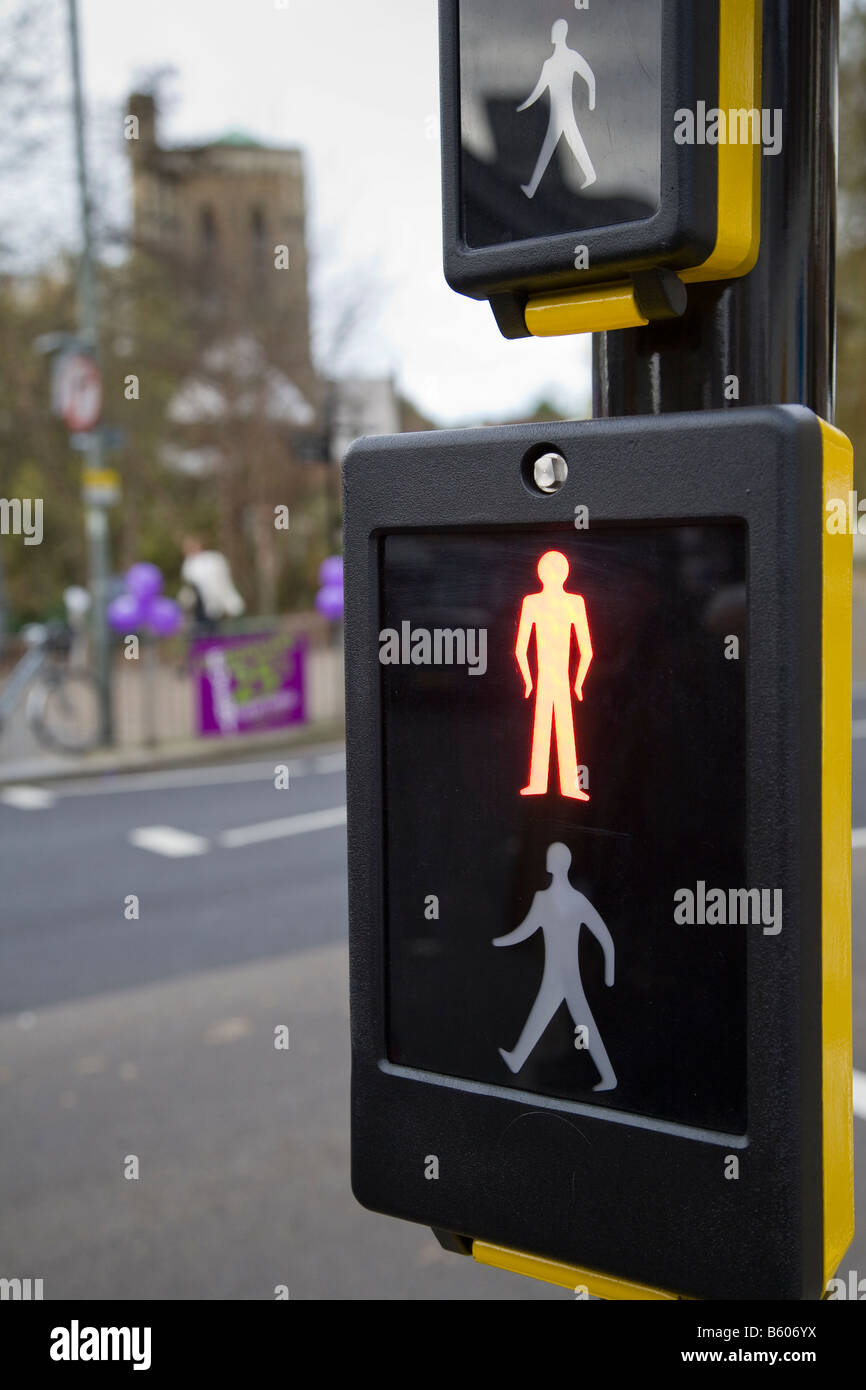 A pedestrian crossing showing the red 'stop' sign, Guildford, Surrey ...
