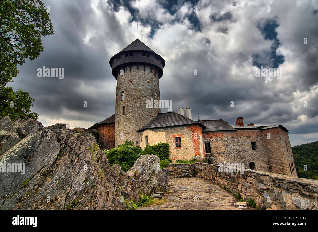 Medieval castle of the holy order of knights with omnious clouds Stock ...