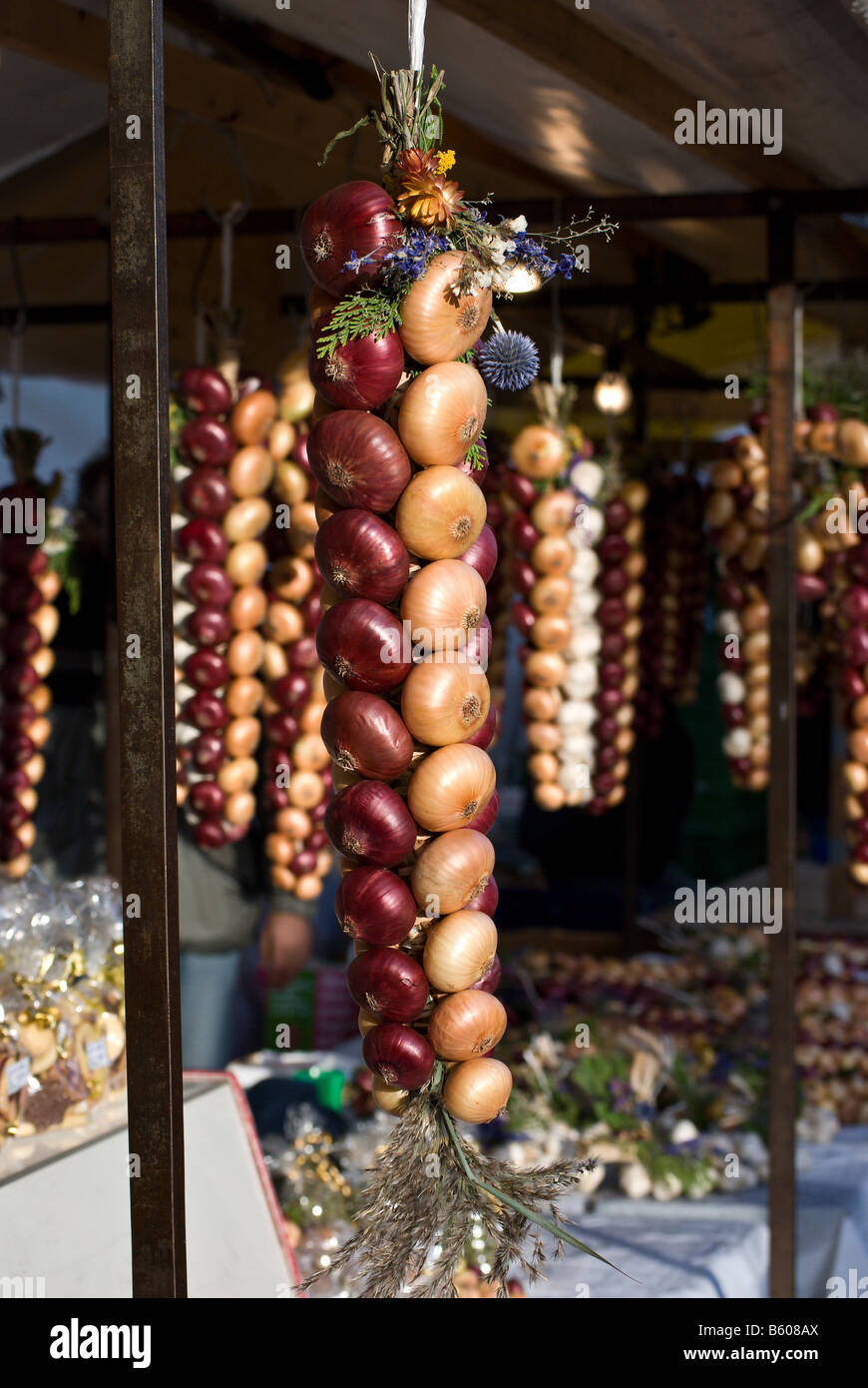 Strands of braided onions at the annual onion festival Bern Switzerland ...