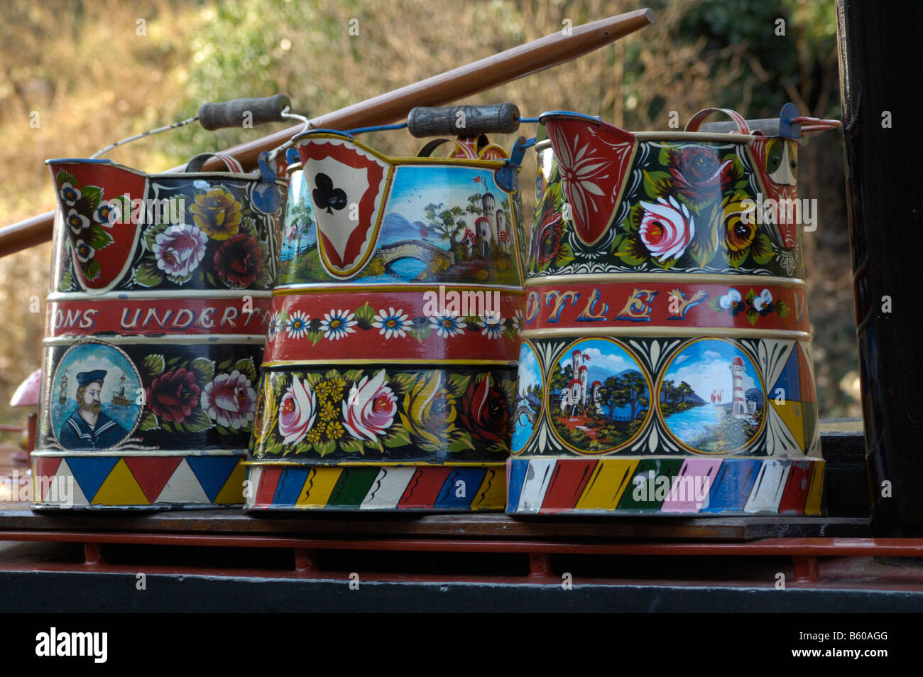 Traditional decorated English canal-boat pails Stock Photo - Alamy
