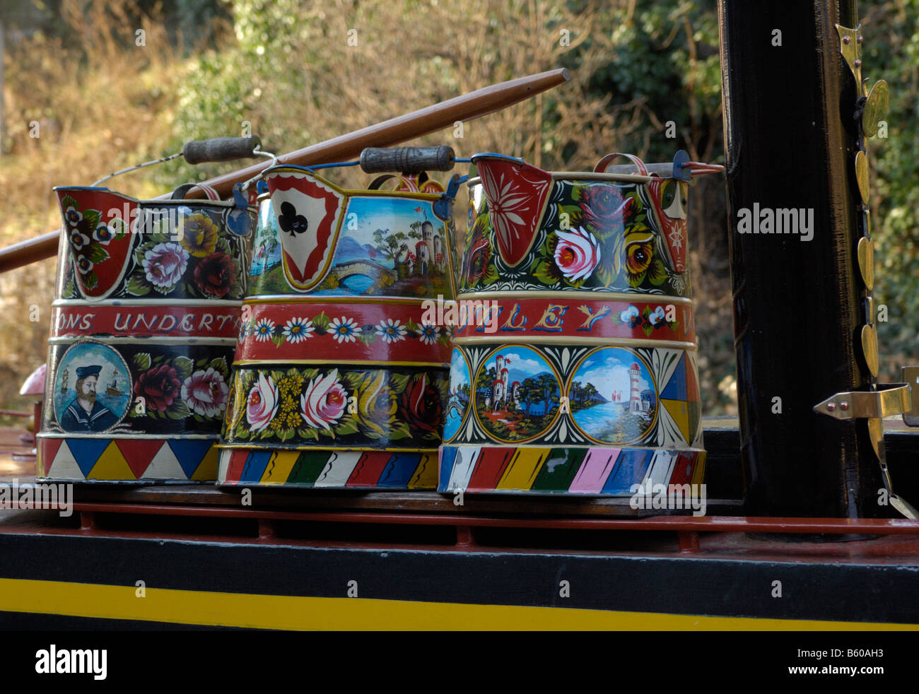 Traditional decorated English canal-boat pails Stock Photo - Alamy