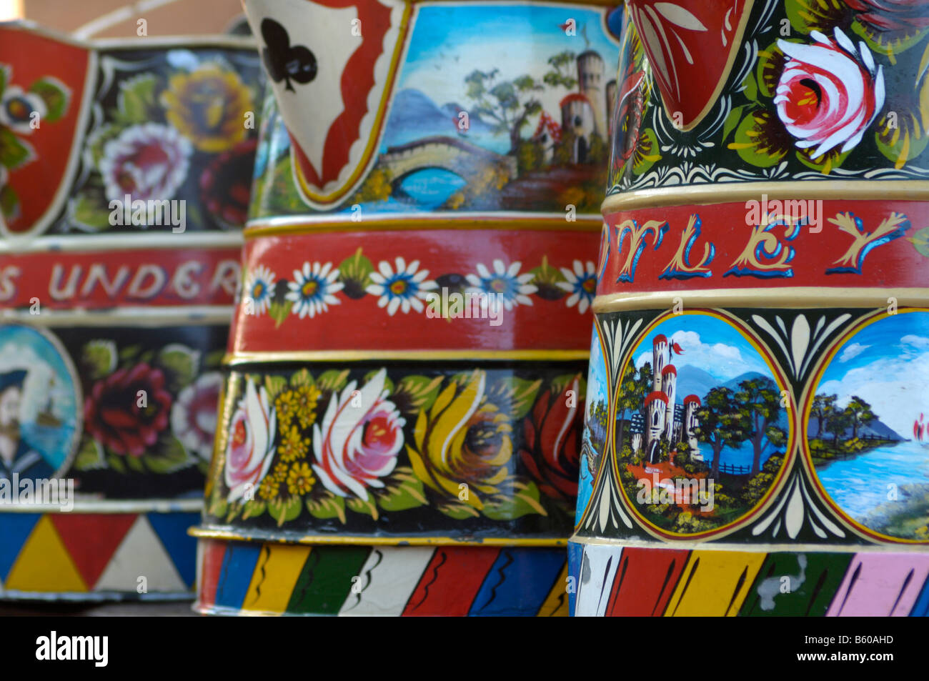 Traditional decorated English canal-boat pails Stock Photo - Alamy
