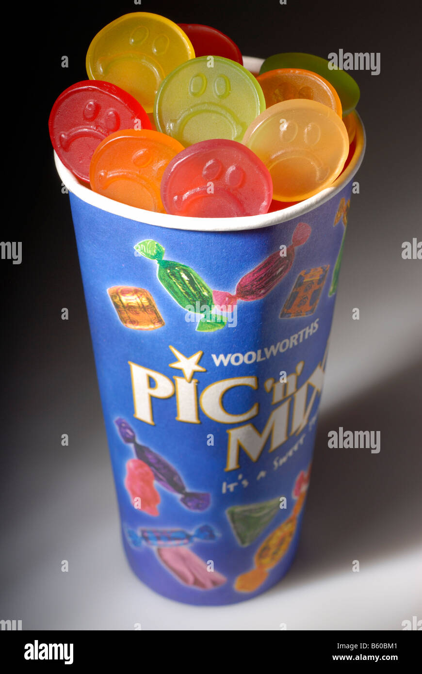 Woolworths pic n mix with "sad face" chewy gum sweets Stock Photo - Alamy
