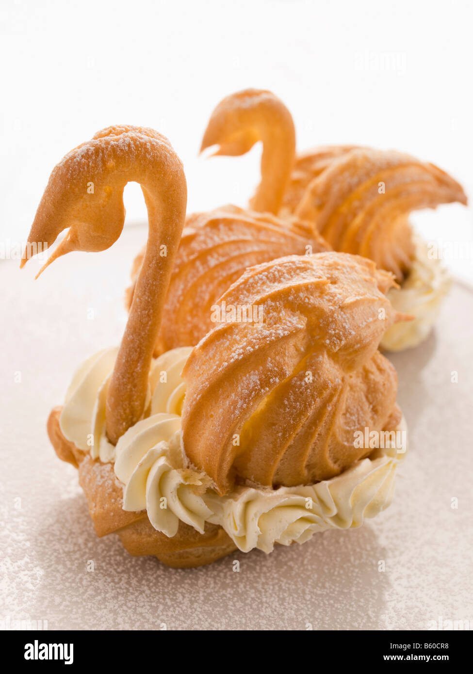 Two Choux Swans filled with Chantilly Cream Stock Photo - Alamy
