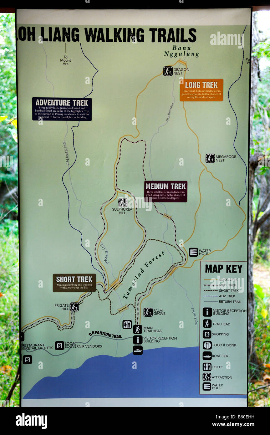 Sign displaying local hiking trails, Komodo National Park, World ...