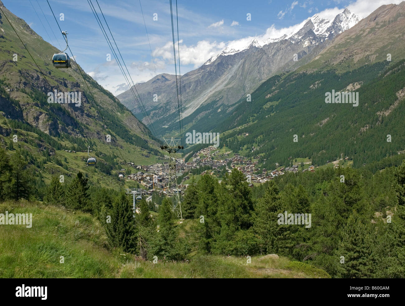 Looking down across Zermatt and the Vispa valley from a gondola ...