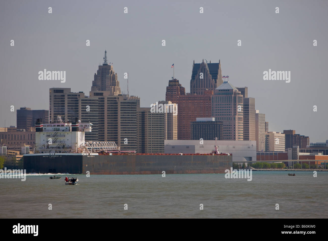Bulk carrier ship travelling along the Detroit River, Detroit, Michigan ...