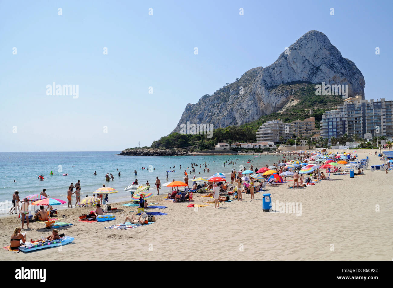 People, Playa La Fossa, beach, mountain, Penon de Ifach, Calpe, Costa ...