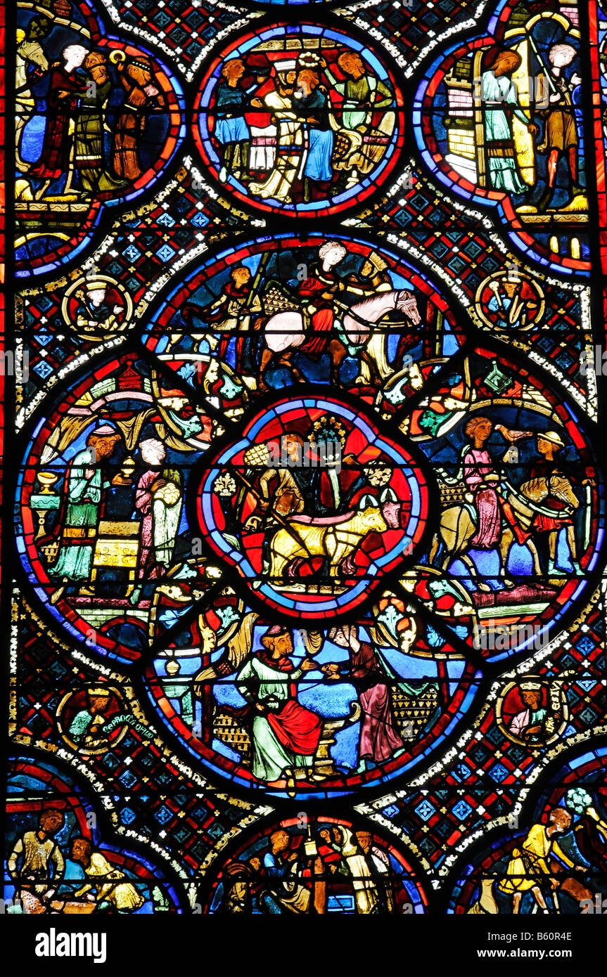 Colourful stained glass window, church window, depiction of everyday ...