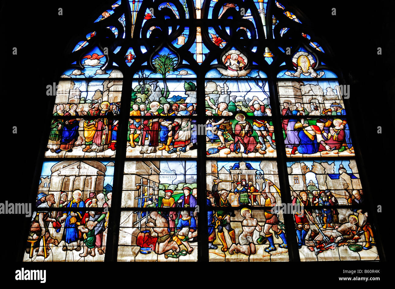 Colourful stained glass window, church window, depiction of everyday ...