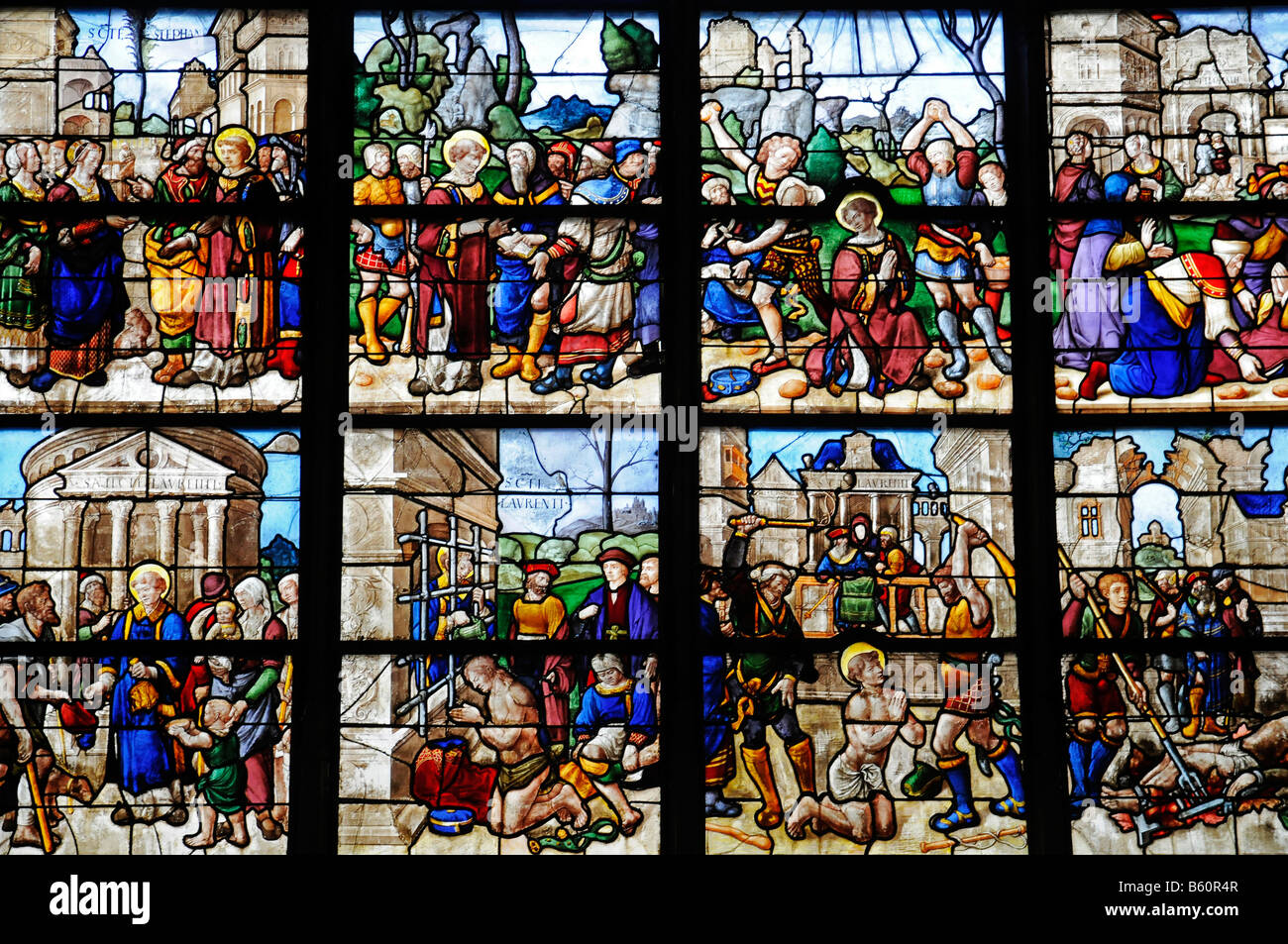 Colourful stained glass window, church window, depiction of everyday ...