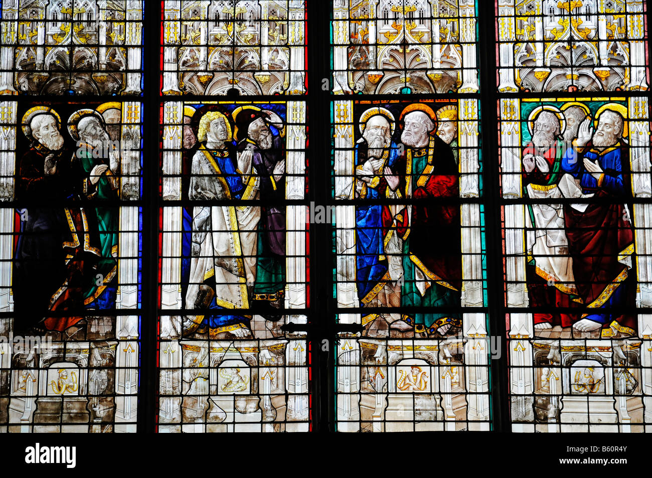 Colourful stained glass window, church window, depiction of everyday ...