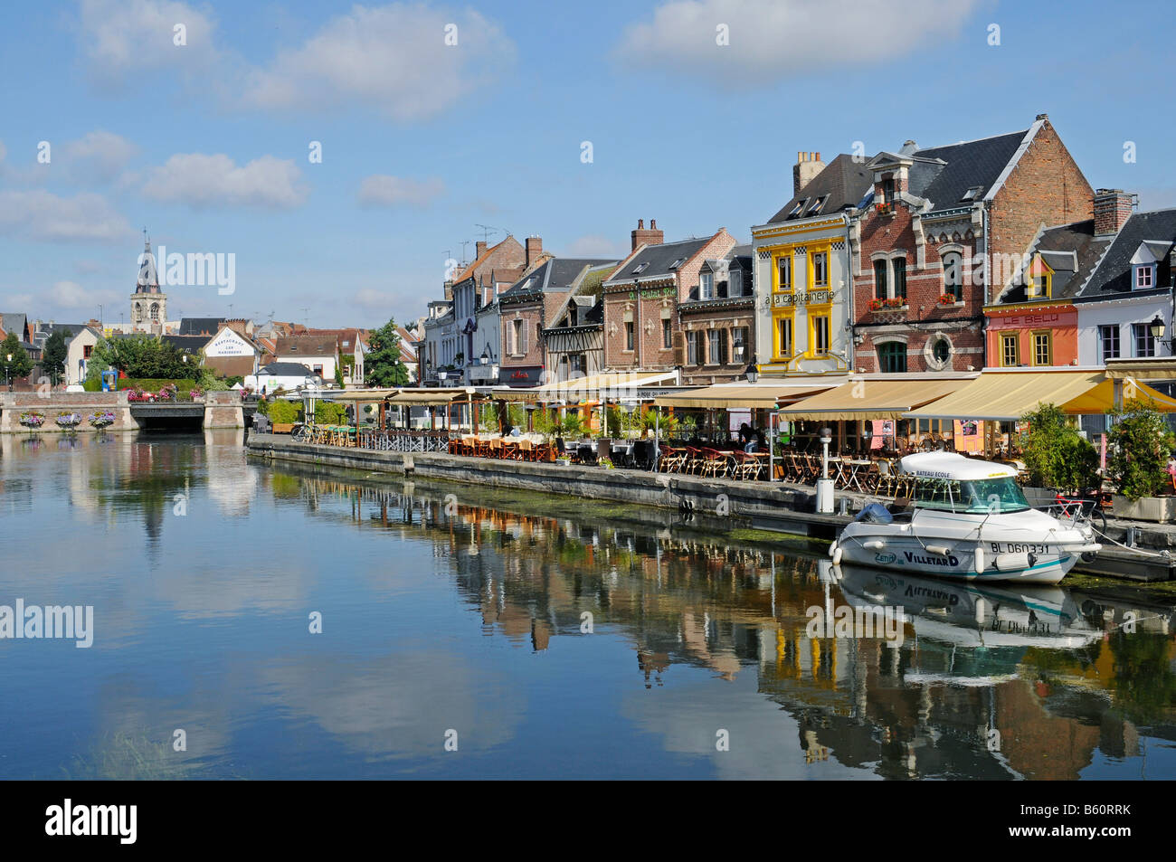 Canal, street cafe, restaurant, boat, Saint Leu quarter, Amiens ...