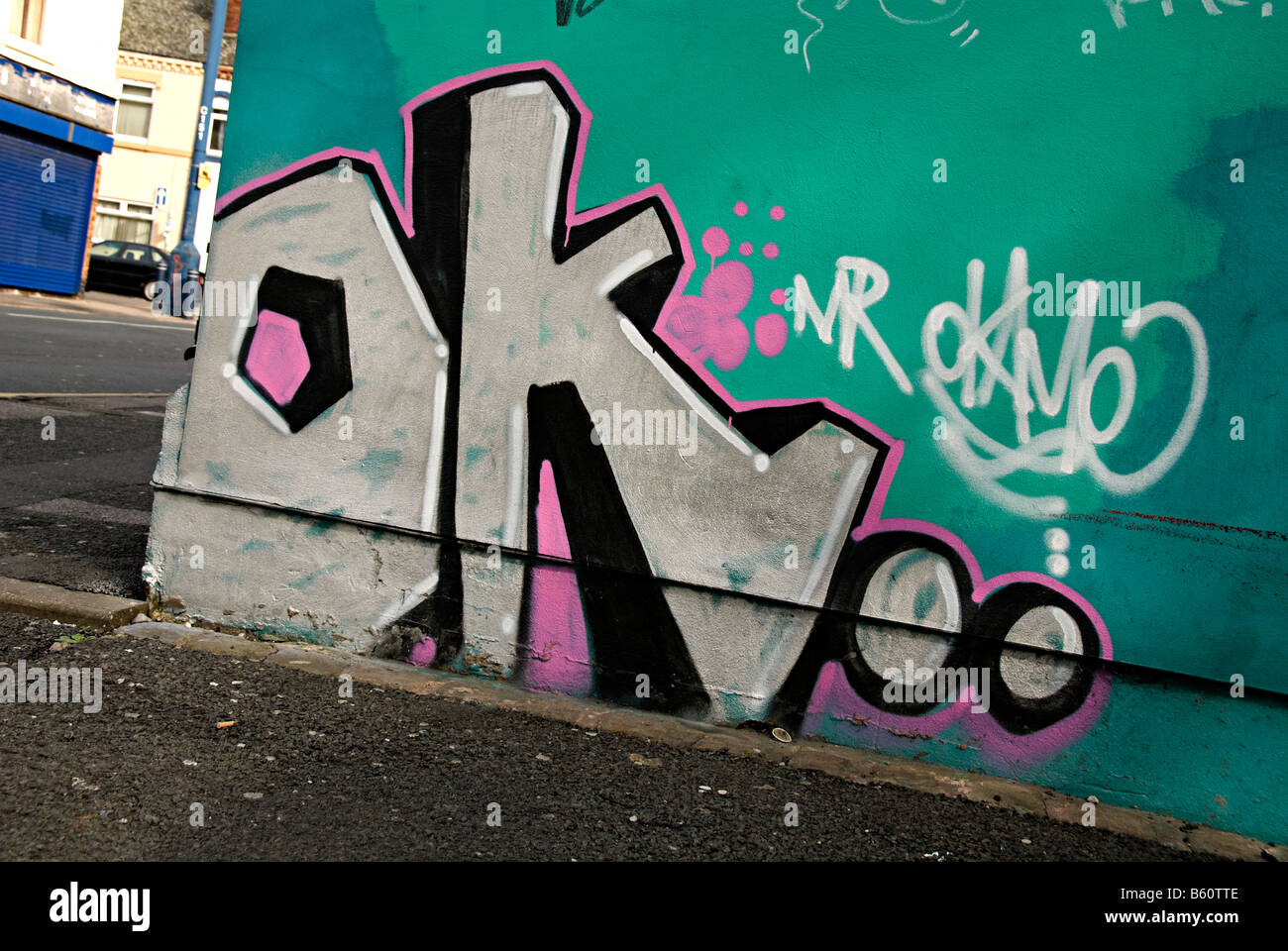 graffiti logo saying ok on a wall in stoke on trent in green Stock ...