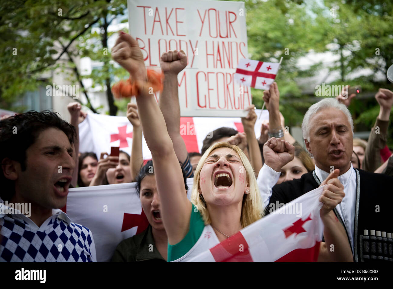 Mainly Georgian people protesting against Russian troops in Georgia ...