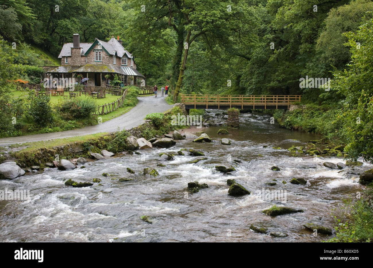 the bridge and cafe at watersmeet river lyn devon Stock Photo - Alamy