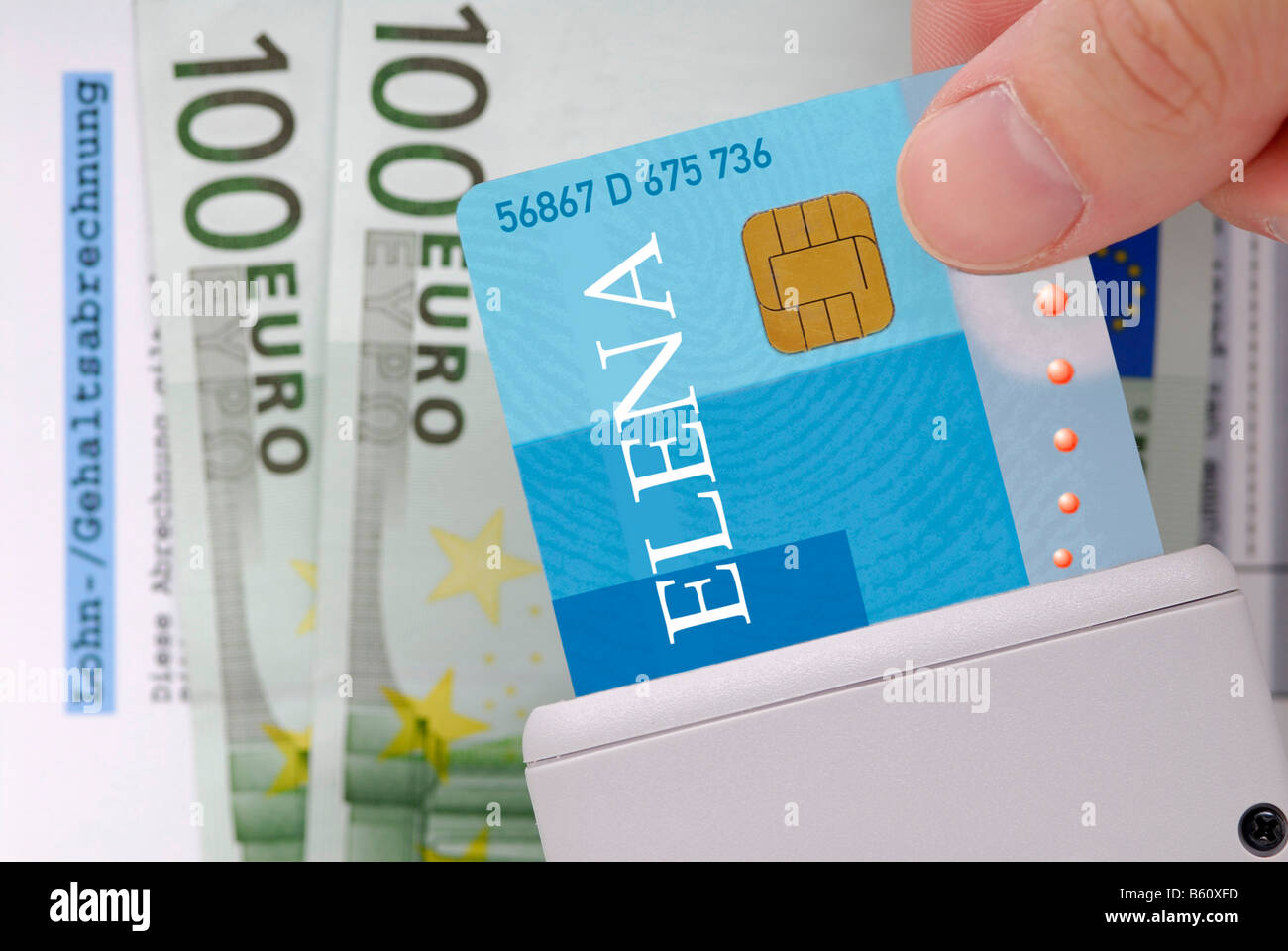 Hand with an employee smart card, ELENA, no original design, cash notes ...