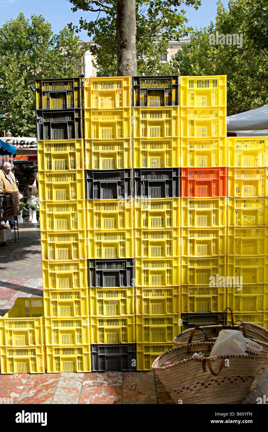 plastic crates stacked with produce at market in carcassonne Stock ...