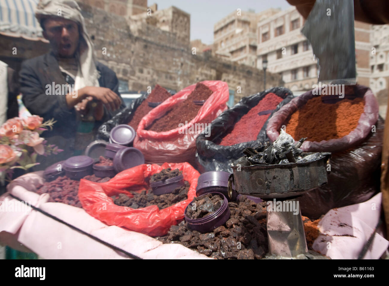 Man selling myrrh, incenses, souk, market, historic centre of San a ...