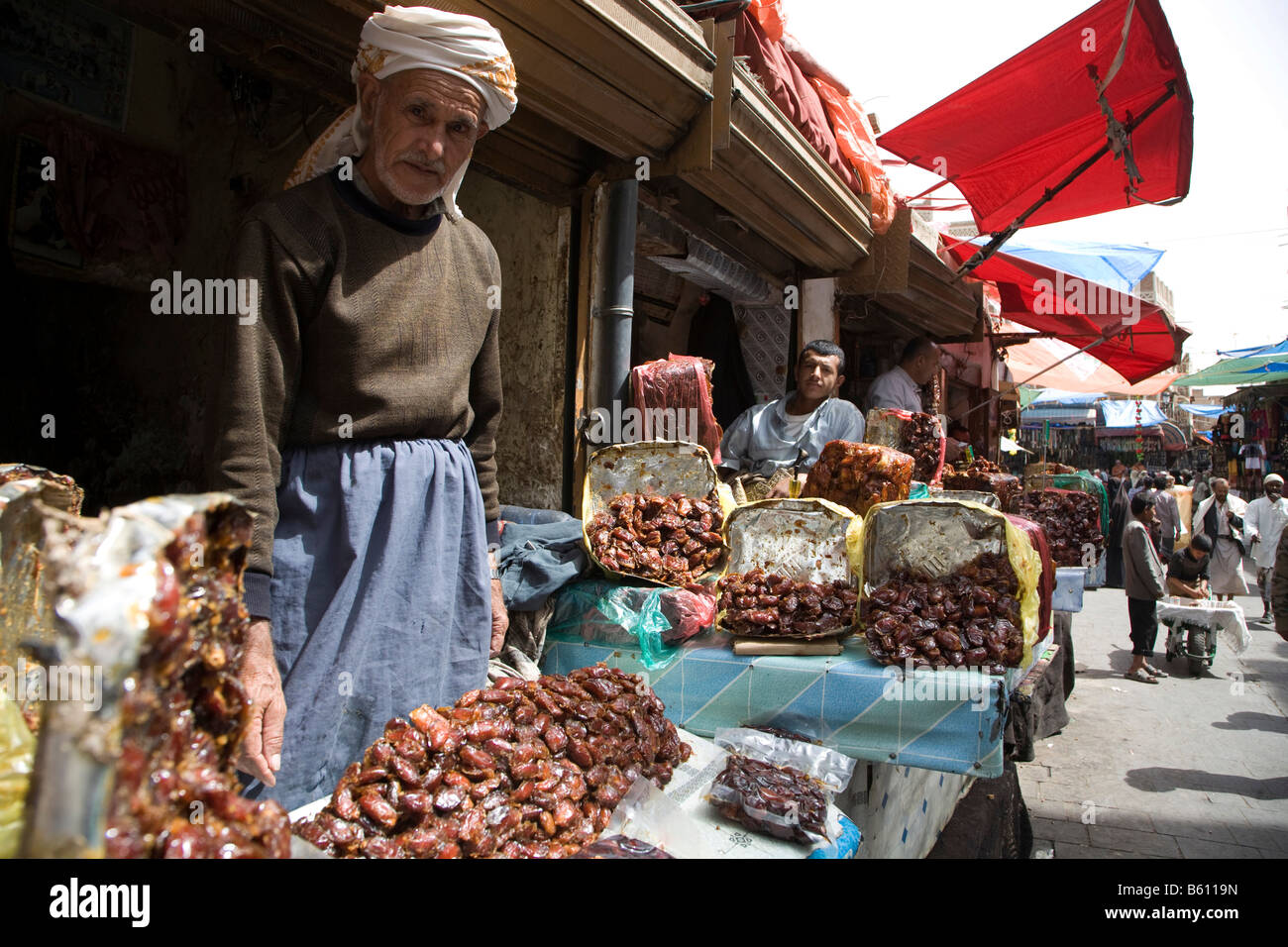 Stall on the date market, souk, historic centre of San a , Yemen ...