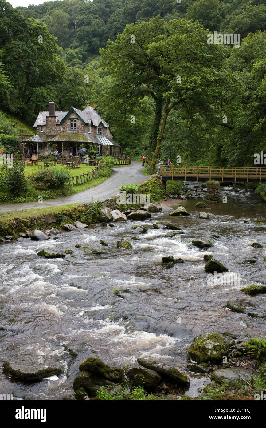 the bridge and cafe at watersmeet river lyn devon Stock Photo - Alamy