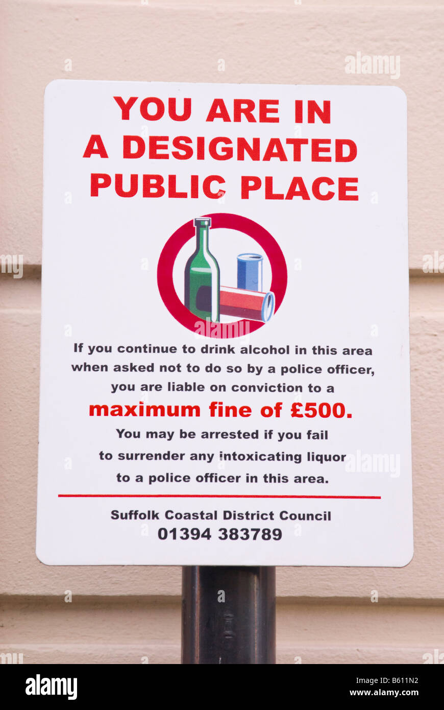 Sign warning of drinking alcohol in designated public place in the ...