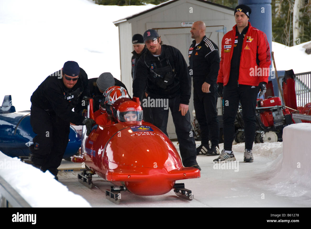 Comet public bobsled four man ride starts from the top Utah Olympic ...