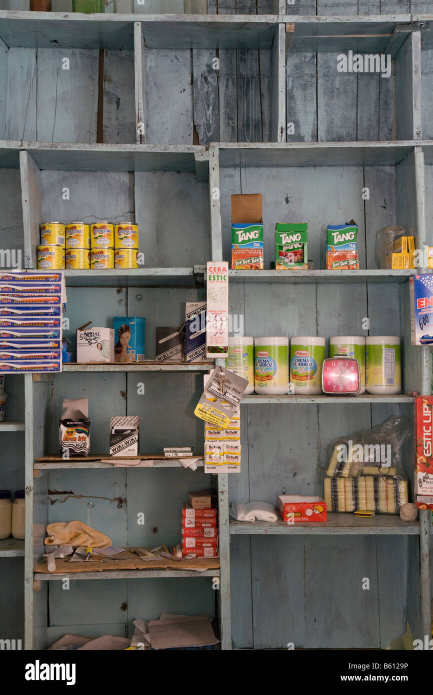 Goods shelf in a small store in the mountain village of San Jose, Andes ...