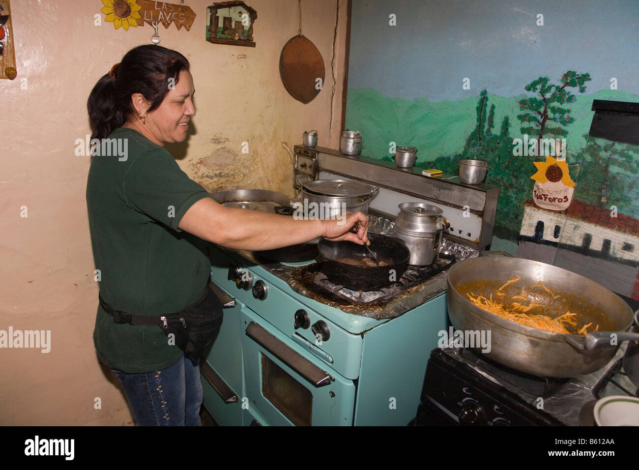 Chef cooking in the kitchen of a small restaurant, Sierra Nevada, Andes ...