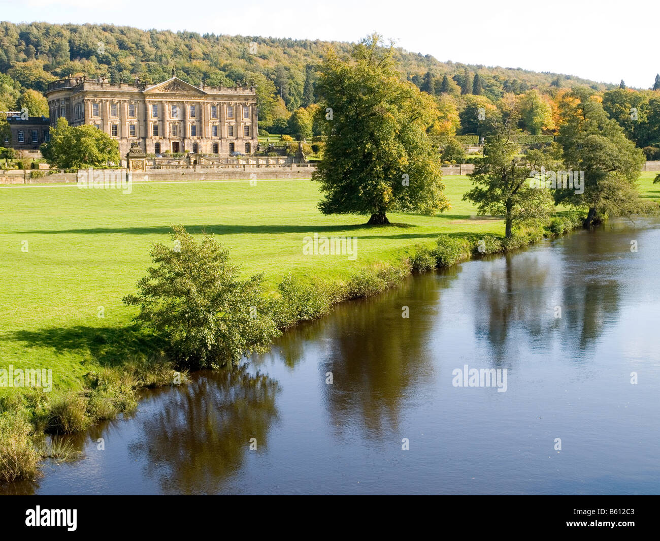 Chatsworth House and the Derwent River, in the Peak District Derbyshire ...