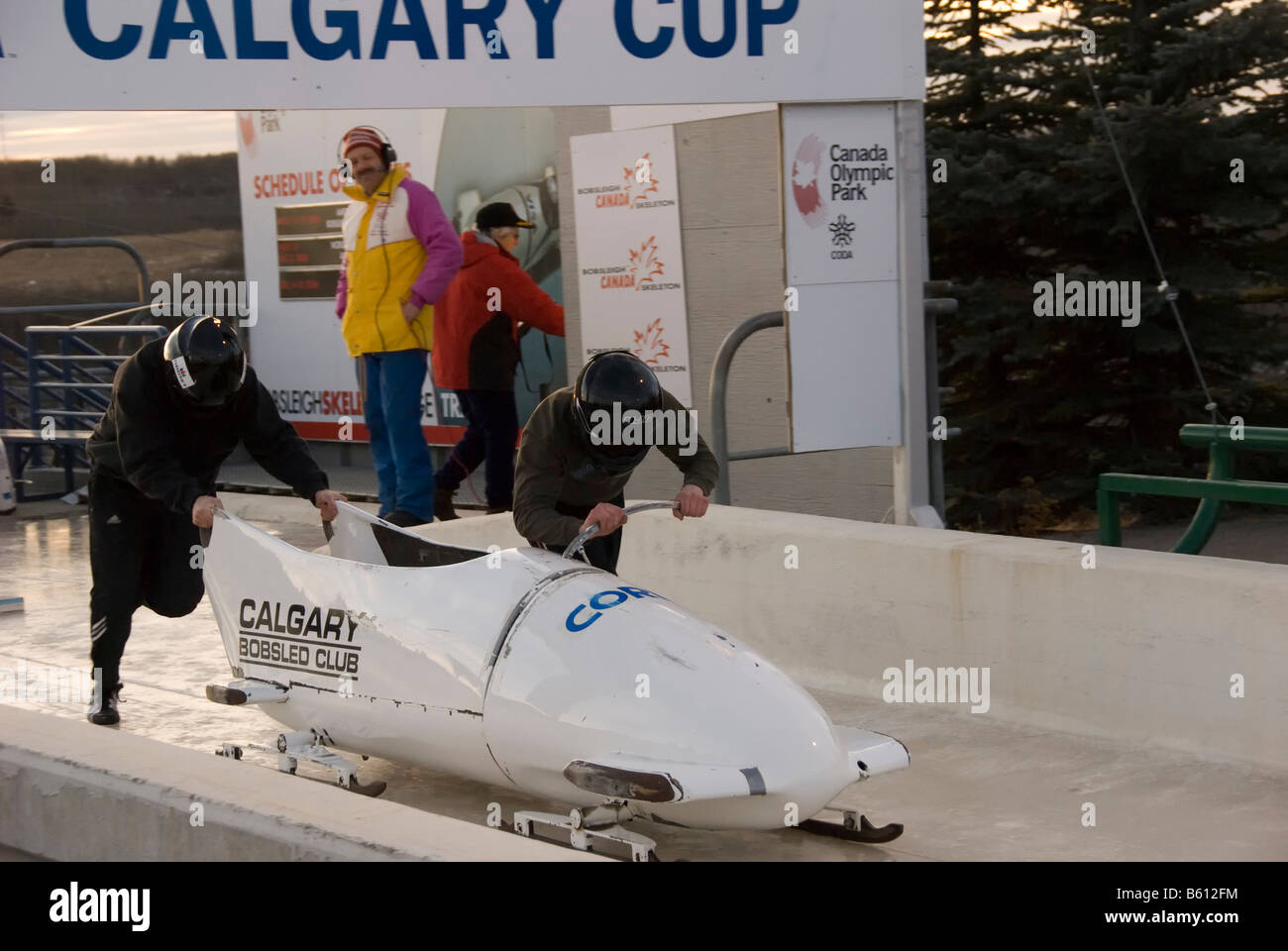 Amateur competitors compete in bobsled event, Olympic bobsled track ...