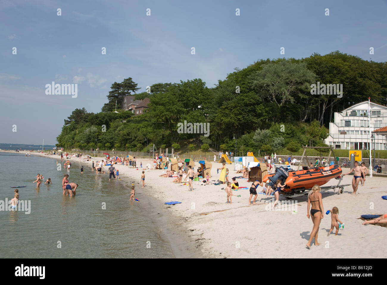 Crowded sand beach at the Flensburger Foerde or Flensburg Fjords, Gluecksburg, Baltic Sea ...