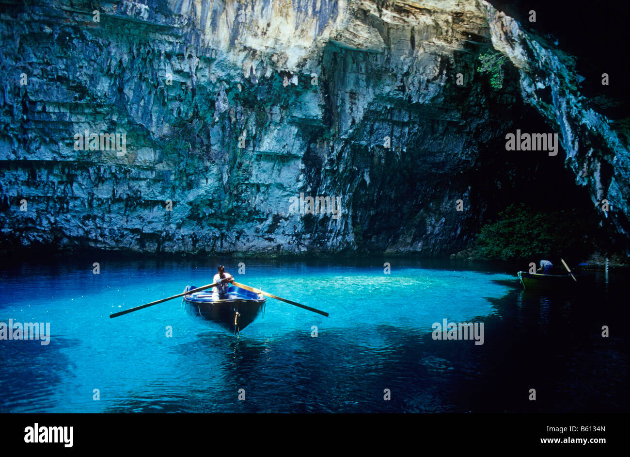 Boat on the subterranean Lake Melissani, Island of Kefalonia, Greece ...