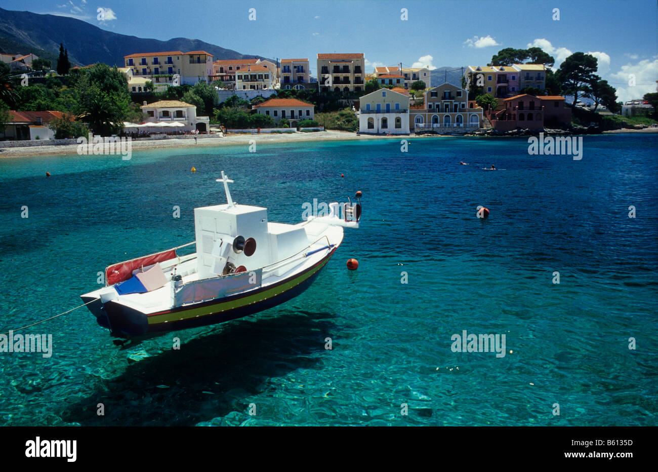 Boat in the harbour of Assos, Island of Kefalonia, Greece, Europe Stock ...
