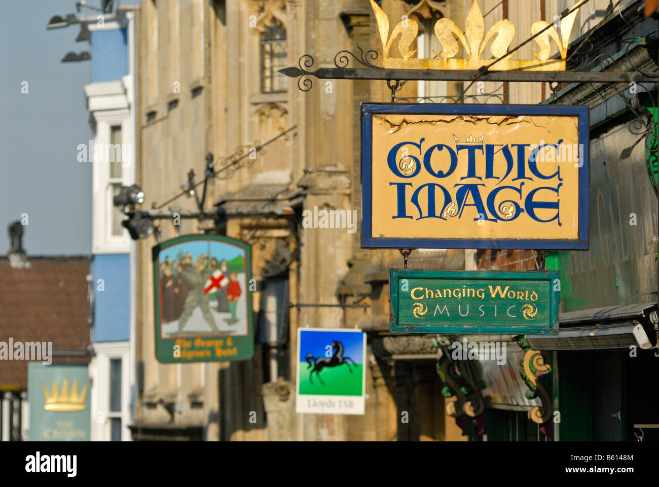 Shop sign, Gothic Image, inner city, Glastonbury, Mendip, Somerset ...
