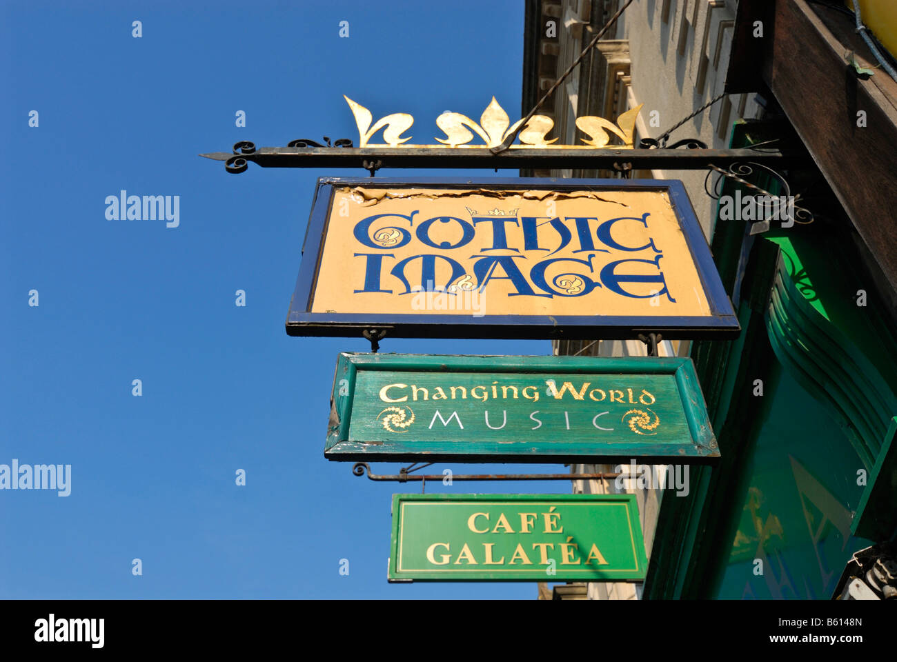 Shop sign, Gothic Image, inner city, Glastonbury, Mendip, Somerset ...