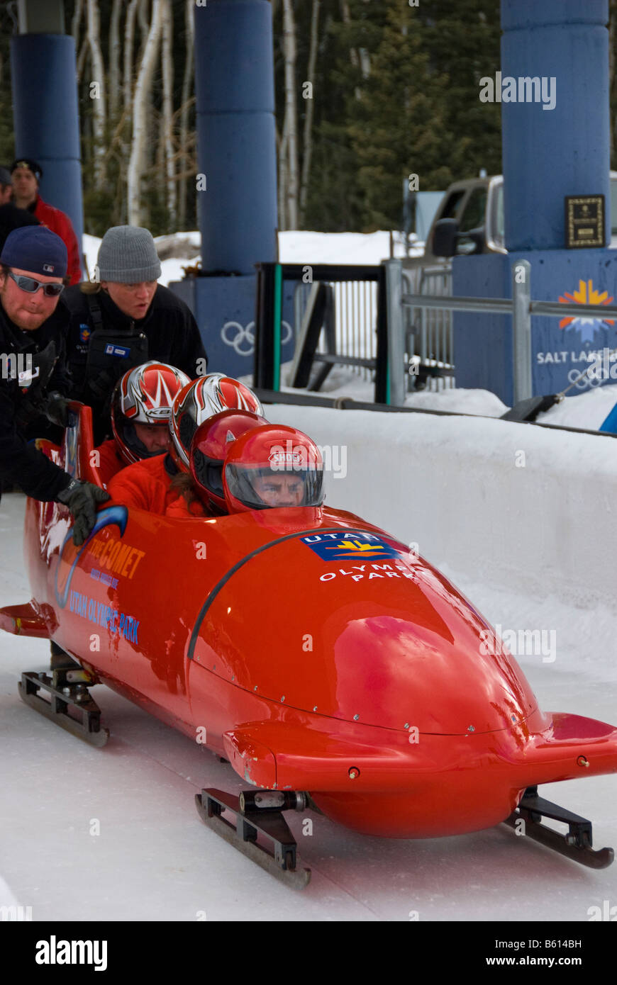 Comet public bobsled four man ride starts from the top Utah Olympic ...