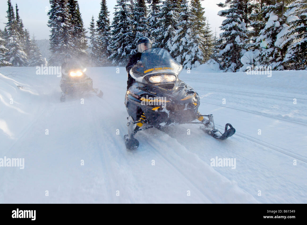Snowmobile in snow landscape, Saguenay-Lac Saint Jean, Mont Valin ...