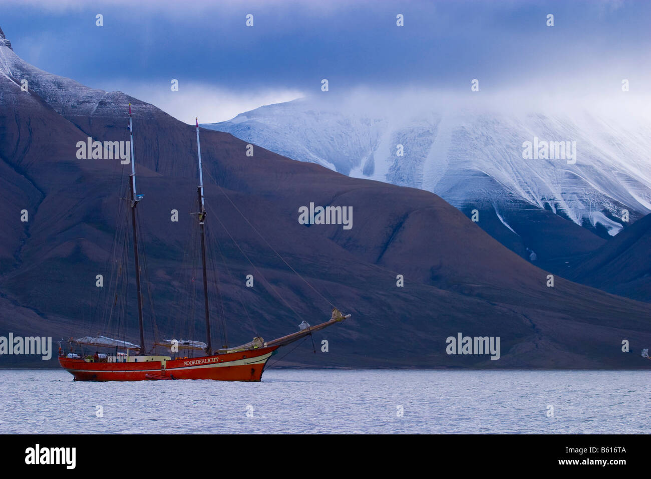 Sailing ship in a fjord in front of Longyearbyen, Svalbard, Norway ...